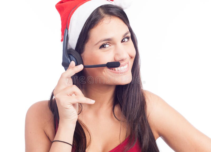 Pretty Phone Operator in Santa Hat Over White Stock Photo - Image of ...
