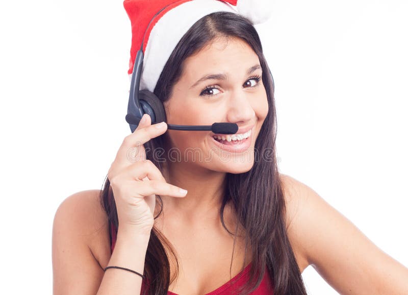 Pretty Phone Operator in Santa Hat Over White Stock Photo - Image of ...