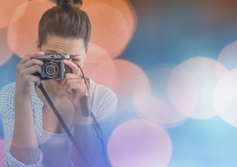 Pretty Photographer Taking Picture in Colored Lights Background Stock ...
