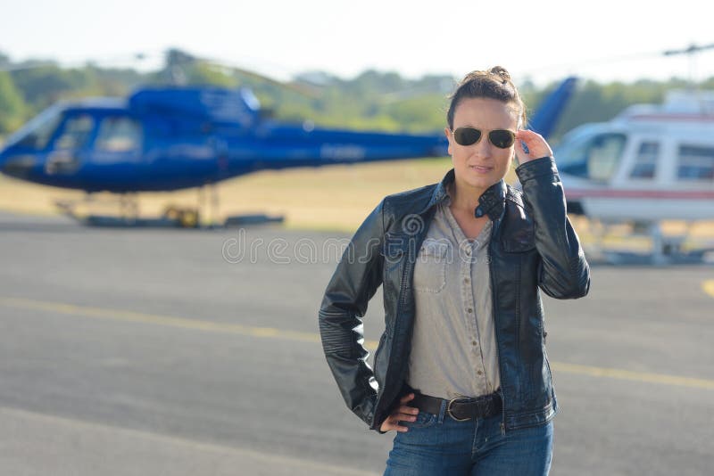 Pretty Pilot Woman on Helicopter Background Stock Image - Image of ...