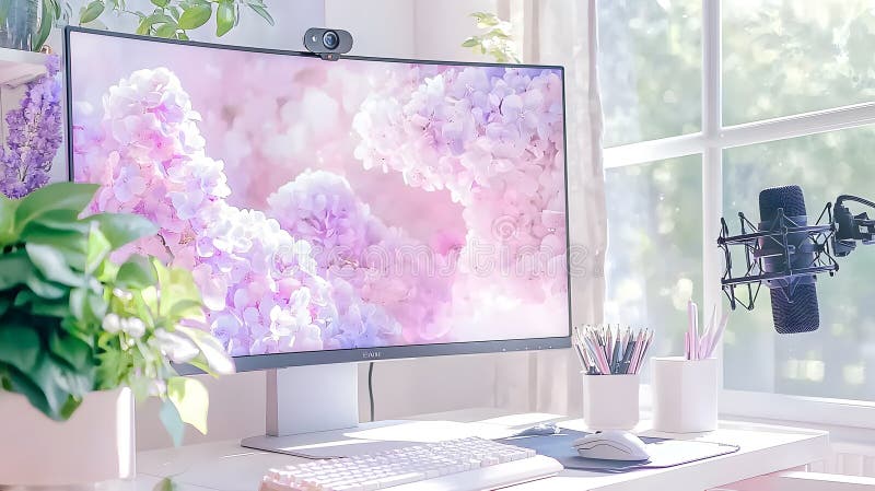 Pretty Pink Hydrangea Flowers on Computer Screen Home Office Setup AI ...