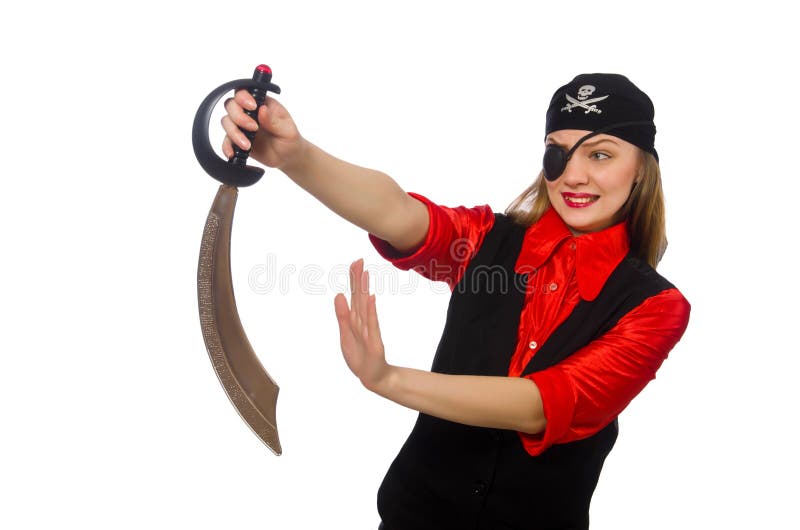 Pretty Pirate Girl Holding Sword Isolated on White Stock Photo - Image ...