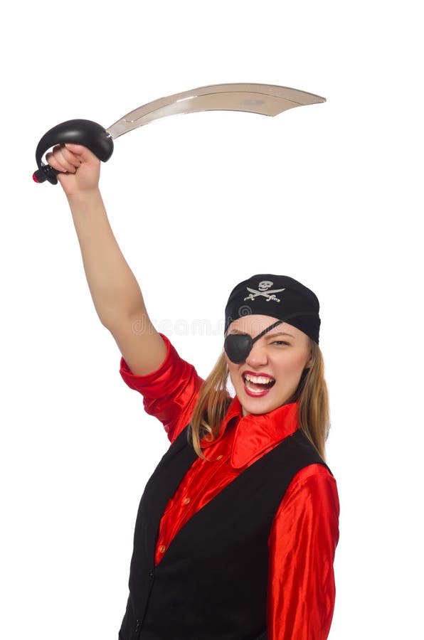 Pretty Pirate Girl Holding Sword Isolated on White Stock Photo - Image ...