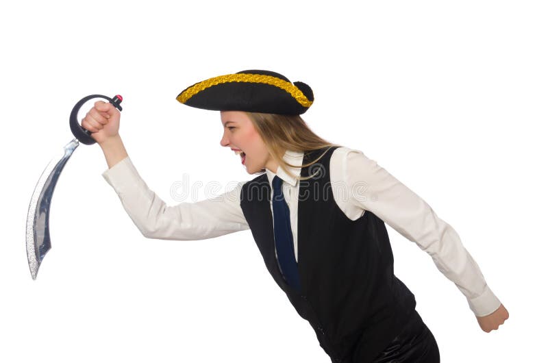 Pretty Pirate Girl Holding Sword Isolated on White Stock Image - Image ...