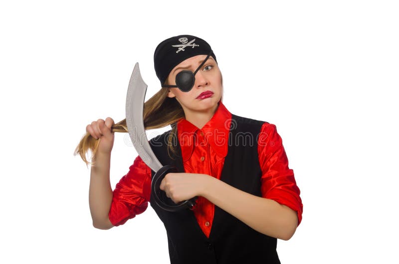 Pretty Pirate Girl Holding Sword Isolated on White Stock Image - Image ...