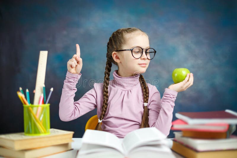 Pretty Primary Student Girl Get Idea Do Homework Stock Photo - Image of ...