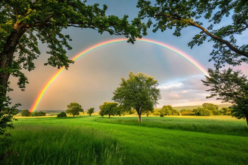 Pretty Rainbow in a Field with Trees Stock Photo - Image of atmospheric ...