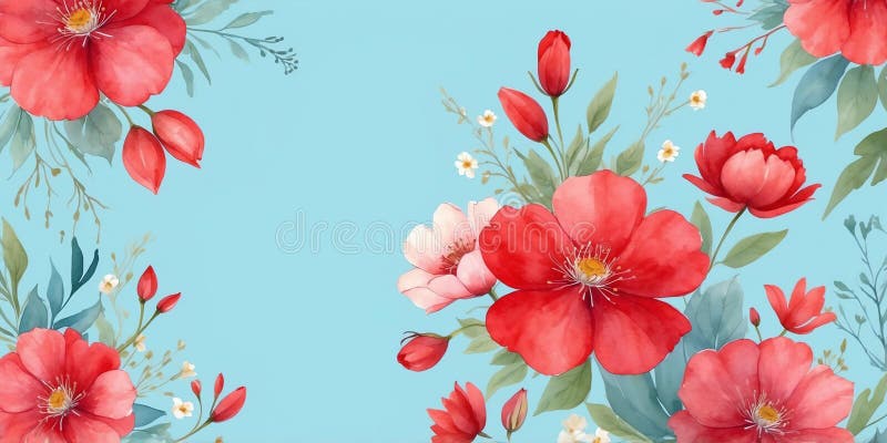 Pretty Red Theme Flowers on Pastel Blue Ba Ai Generated Stock ...