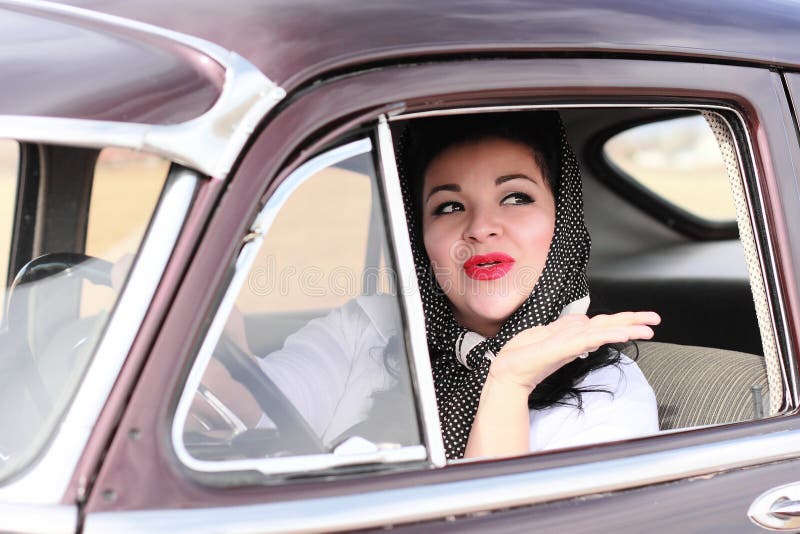 Pretty Retro Woman Waving Goodbye Stock Photo - Image of color, drive ...