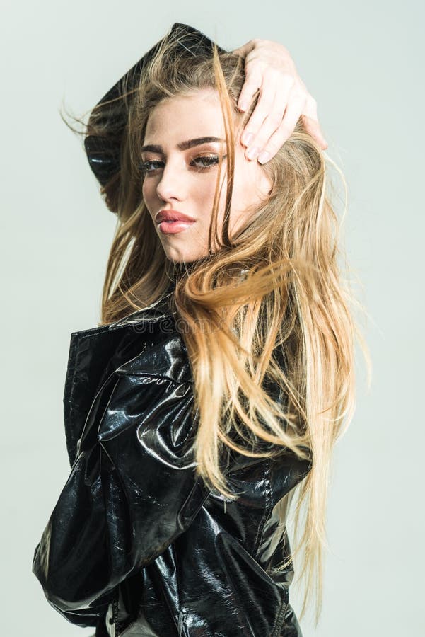 Pretty Slender Blonde in a Black Leather Jacket. Stock Photo - Image of ...