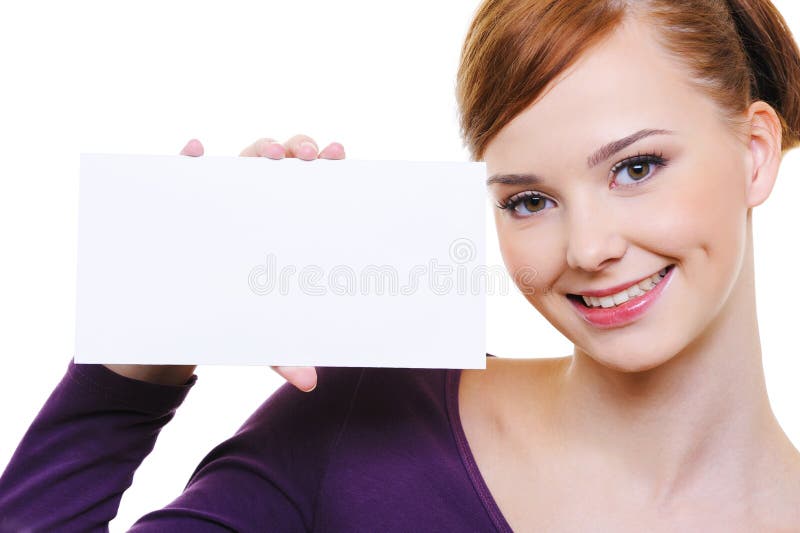 Pretty Smiling Girl with Blank Card Stock Image - Image of face ...