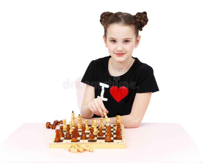Pretty Smiling Girl Play Chess Isolated Stock Photo - Image of game ...
