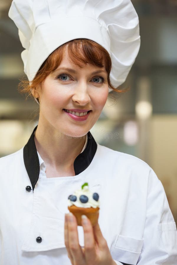 Pretty Smiling Head Chef Holding Blueberry Dessert Stock Photo - Image ...