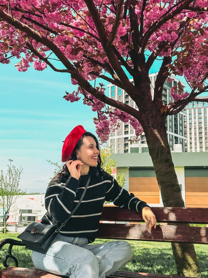 Pretty Smiling Woman Posing in Front of Blooming Sakura Trees Stock ...
