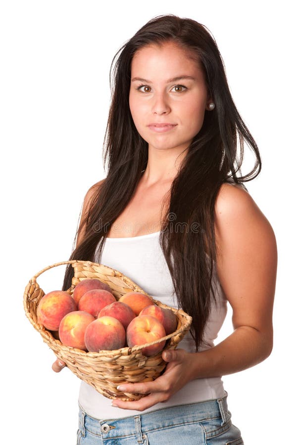 Pretty Smiling Woman with Red Peaches Stock Photo - Image of lose, face ...