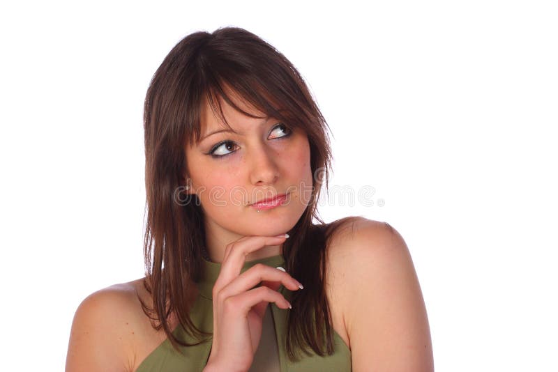 Pretty Smiling Woman Thinking, Isolated on White Stock Photo - Image of ...