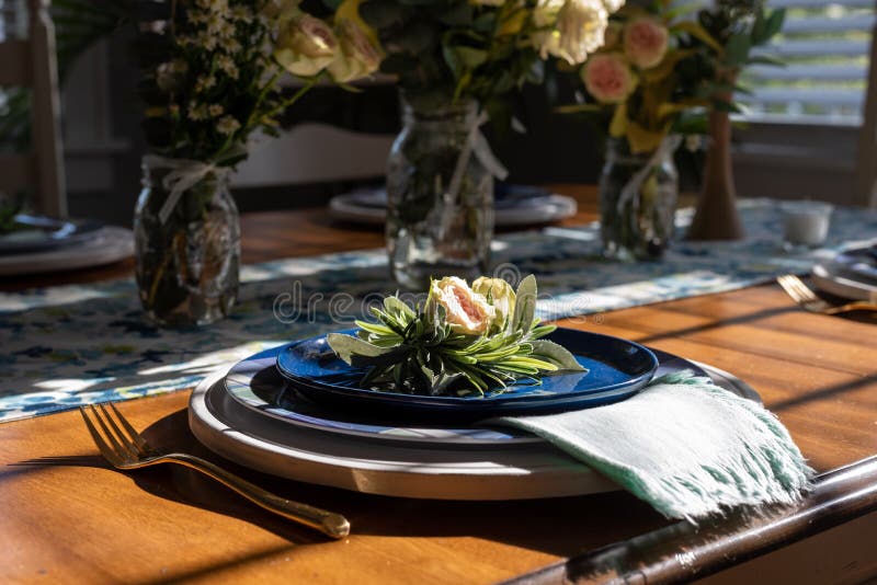 Spring Table Setting with Fresh Flowers Stock Photo - Image of ...