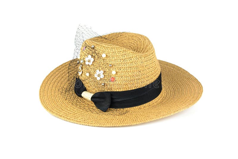 Pretty Straw Hat with Flower Isolated on White Stock Photo - Image of ...