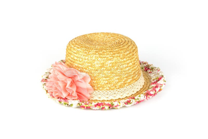 Pretty Straw Hat with Flower Isolated on White Stock Photo - Image of ...