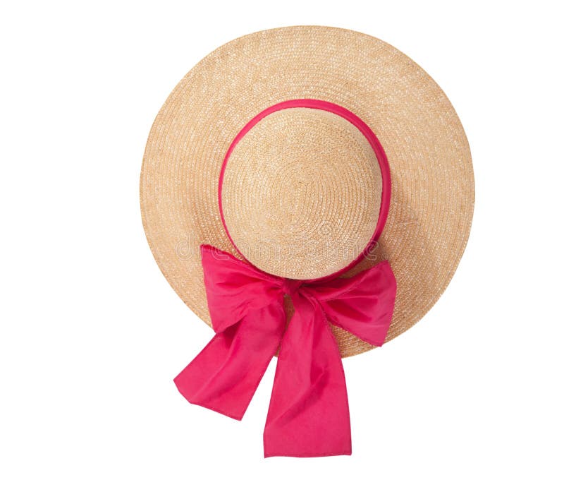 Pretty Straw Hat with Ribbon and Bow on White Background. Beach Hat Top ...