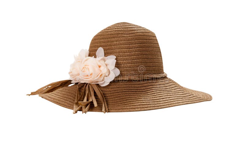 Pretty Straw Hat with Ribbon and Bow on White Background. Beach Hat Top ...