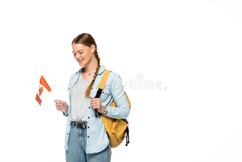 Pretty Student with Backpack Holding Canadian Flag Isolated on White ...