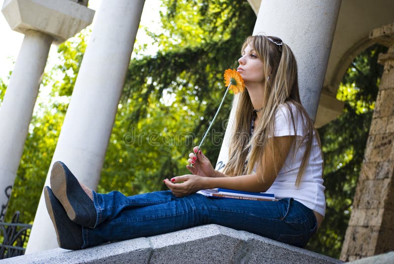 Pretty Student with Books and Flower Stock Photo - Image of gerbera ...