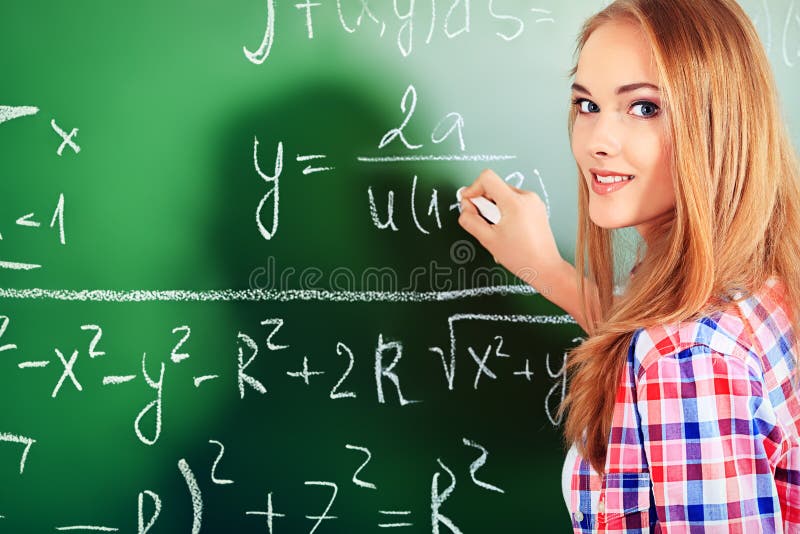 Girl Doing Math on Chalkboard Stock Photo - Image of college, caucasian ...