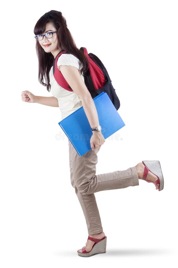 Pretty Student Running on White Background Stock Image - Image of asian ...