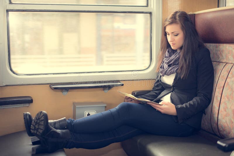 Pretty Student Woman Sitting on the Train Stock Photo - Image of ...