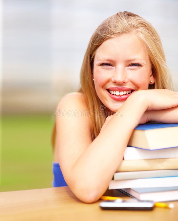 Pretty Sweet Lady Lying on a Stack of Books Stock Image - Image of lady ...
