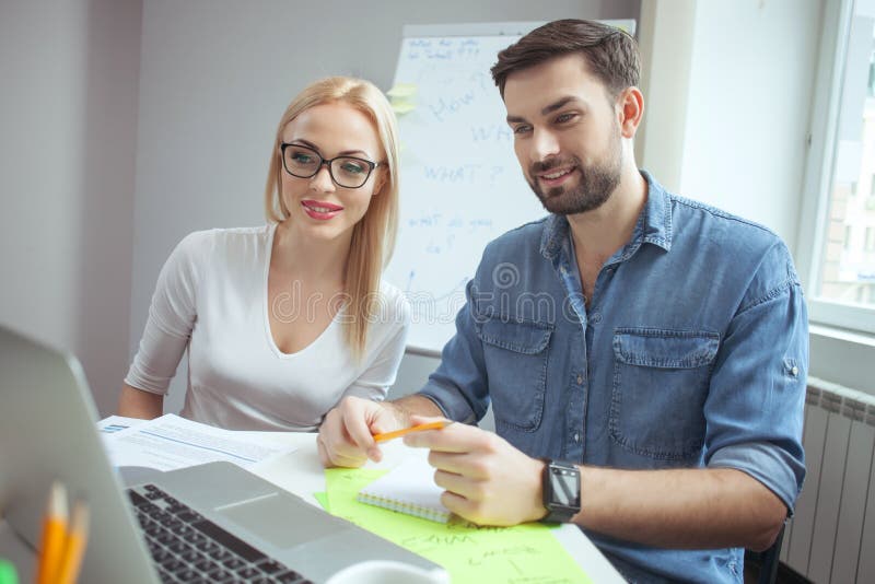 Pretty Team is Using Notebook for Work Stock Image - Image of partner ...