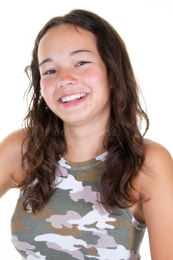 Pretty Teen Girl With Long Hair Smiling Broadly Showing White Straight