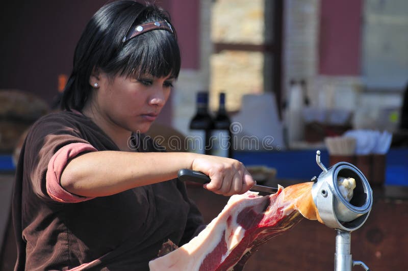 Pretty Waitress Cutting Ham Stock Image - Image of work, spanish: 13708699