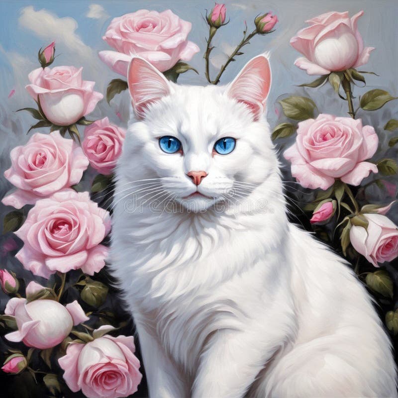Pretty white cat and roses stock photo. Image of feminine - 310044614