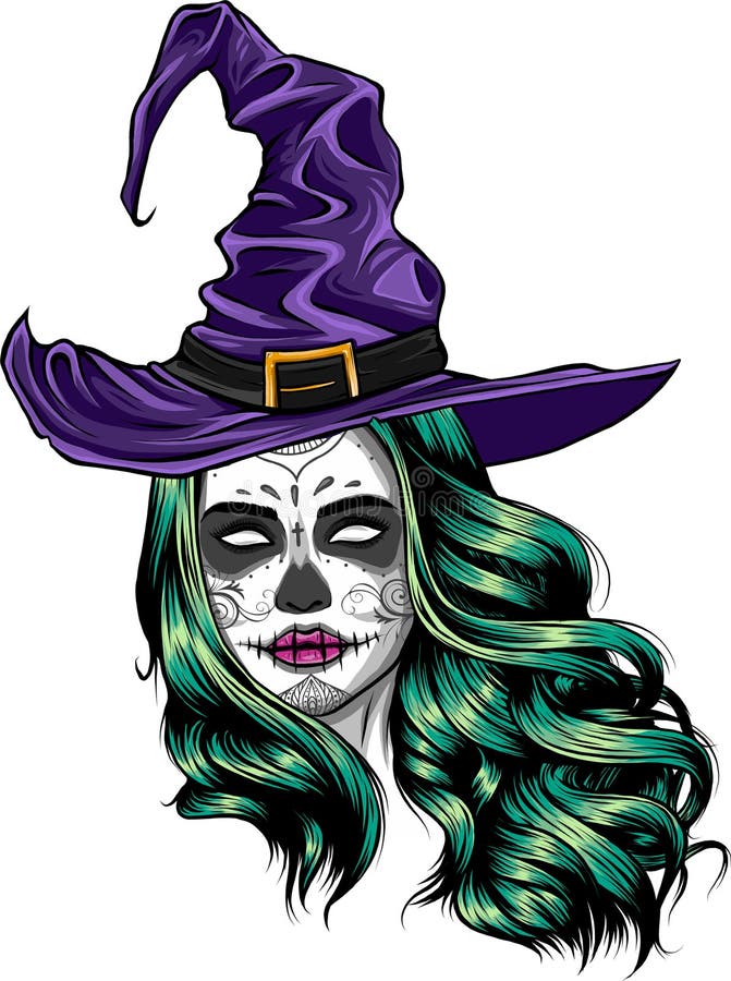 Pretty Witch with Hat. Vector Hand Drawn Illustration Stock Vector ...