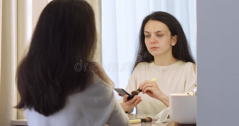 Pretty Woman Applying Everyday Makeup at Home Stock Video - Video of ...