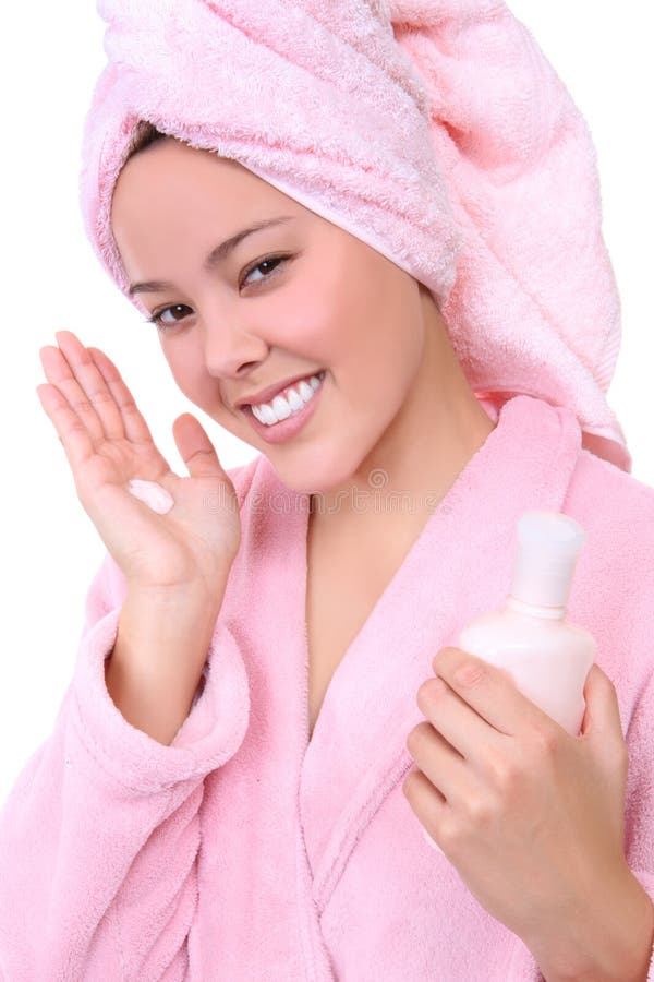 Pretty Woman Applying Lotion Stock Photo - Image of complexion ...