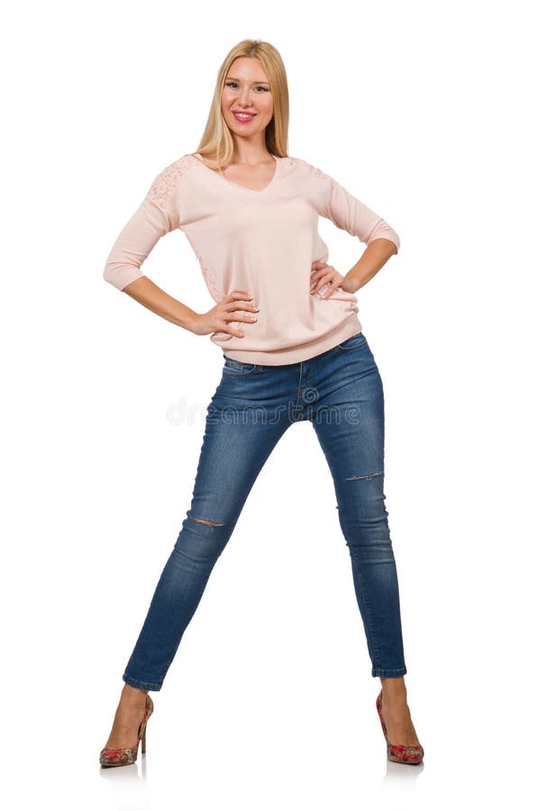 Pretty Woman in Blue Jeans Isolated on White Stock Photo - Image of ...