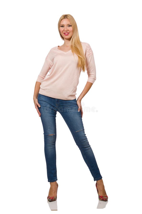 Pretty Woman in Blue Jeans on White Stock Image - Image of beautiful ...