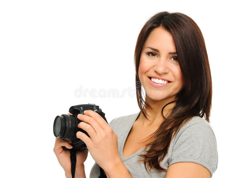 Pretty woman with camera stock photo. Image of smiling - 21793226