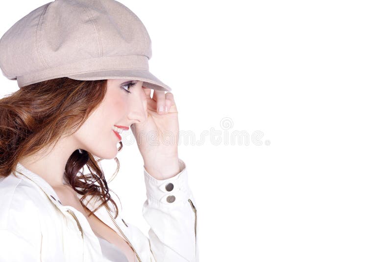 Pretty woman with cap stock image. Image of face, girl - 39253455