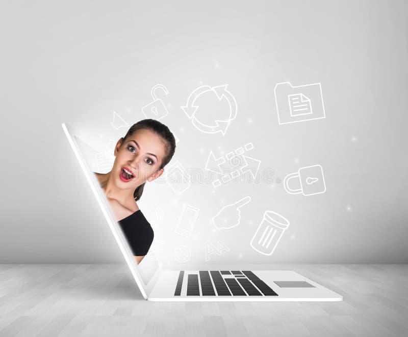 Pretty Woman Coming Out of Laptop Computer Stock Photo - Image of model ...