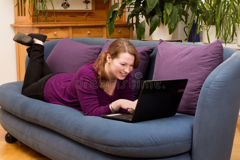 Pretty Woman with Computer Laughing Stock Image - Image of internet ...