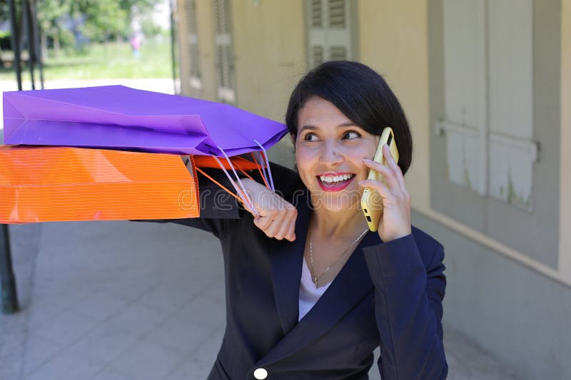 Pretty Woman Doing Some Shopping Outdoors Stock Photo - Image of call ...