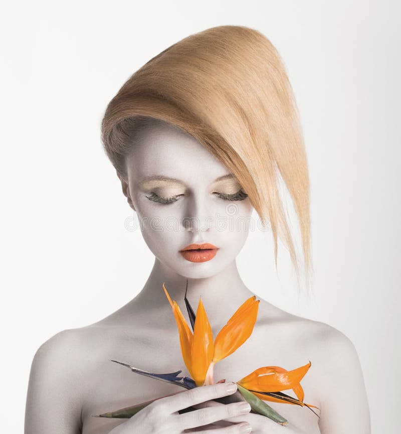 Fancy Daydreaming Woman with Exotic Flower. Allure Stock Photo - Image ...