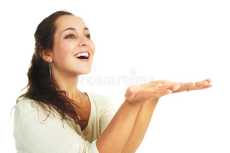 Pretty woman with hands up stock image. Image of hand - 9528407