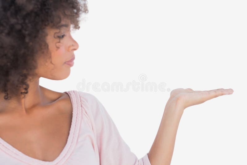 Happy Woman Holding Out Her Hand. Stock Photo - Image of face, cute ...