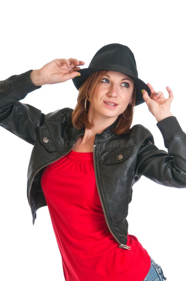Pretty Woman in Leather Jacket Stock Image - Image of posing ...