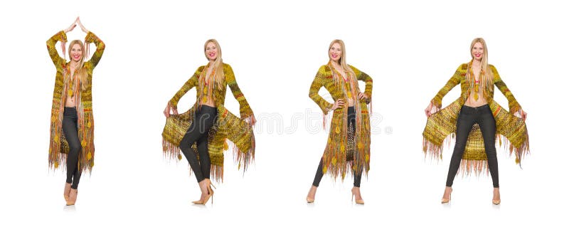 Pretty Woman in Long Yellow Jacket Isolated on White Stock Photo ...